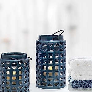 Elements Decorative Ceramic Cut Out Lanterns, Blue, Set of 2, 7 and 10 Inch
