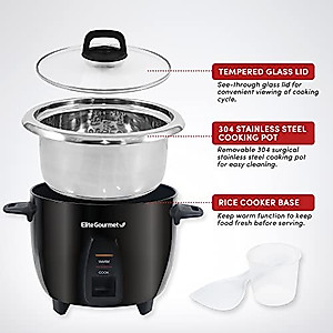 Elite Gourmet ERC2010B# Electric 10 Cup Rice Cooker with 304 Surgical Grade Stainless Steel Inner Pot Makes Soups, Stews, Grains, Cereals, Keep Warm Feature, 10 cups cooked (5 Cups uncooked), Black