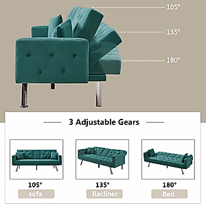 mikibama 76 Inch Futon Sofa Bed with Cup Holders, Linen Convertible Folding Futon Couch with Adjustable Backrest and Throw Pillows for Living Room, Tufted Sleeper Sofa with Metal Legs (Teal)