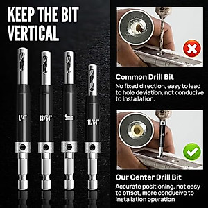 Canitu 17Pcs Black Self Centering Drill Bit Set 1/4" Hex Shank VIX Bit,Quick Change Hinge Center Drill Bits with 1 Hex Key & 8 Drill Bits 5/64-1/4” for Woodworking Metal Wood Cabinet Window Door