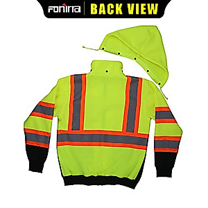 FONIRRA Hi Vis Safety Fleece Zip Hoodie for Men Reflective Sweatshirts ANSI Class 3 Jackets Detachable Hood (Yellow,XL)