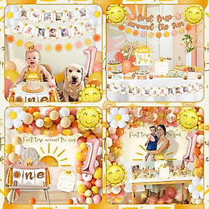 First Trip Around The Sun Birthday Decorations for Girl Boho Sun 1st Birthday Supplies First Trip Around The Sun Backdrop Balloons Garland Monthly Photo Banner Sun Theme 1st Birthday Party