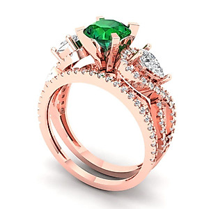 Clara Pucci 2ct Round Cut Solitaire 3 stone Simulated Emerald Engagement Promise Anniversary Bridal Ring Band set 14k Rose Gold 8.25