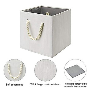 i BKGOO Foldable Storage Cube Bins Beige-White Bamboo Fabric Collapsible Resistant Basket Box Organizer with Cotton Rope Handle for Home Office and Nursery 10.5x10.5x11 inch