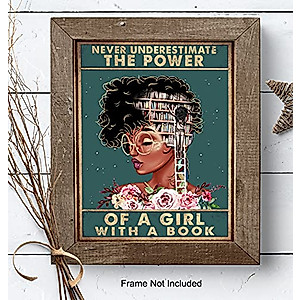 African American Classroom Decor - LARGE 11x14 - Never Underestimate a Girl With a Book Wall Art - African American Girl, Women - Inspirational Motivational Poster - Positive Quotes - Black Art