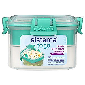 Sistema To Go Collection, 13.5 oz./0.4 L, Portable Snack Container with Separate Compartments, Flexible Seal & Easy-Lock Clips, BPA & Phthalate Free, Color May Vary