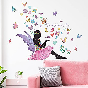 Pinenjoy Butterfly Girl Wall Decal Flower Fairy Wall Sticker 39x37inch Removable Self-Adhesive Vinyl Wall Clings for Kids Bedroom Living Room Nursery TV Headboard Decorations