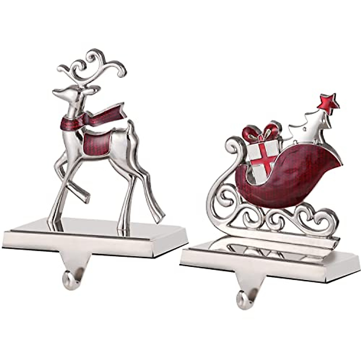 Christmas Stocking Holders for Mantle Set,Silver Christmas Stocking Hangers for Fireplace ,Deer and Sleigh Mantel Hanger Hooks for Stocking Hanging Ornament Firepiece Xmas Decor (Reindeer and Sleigh)