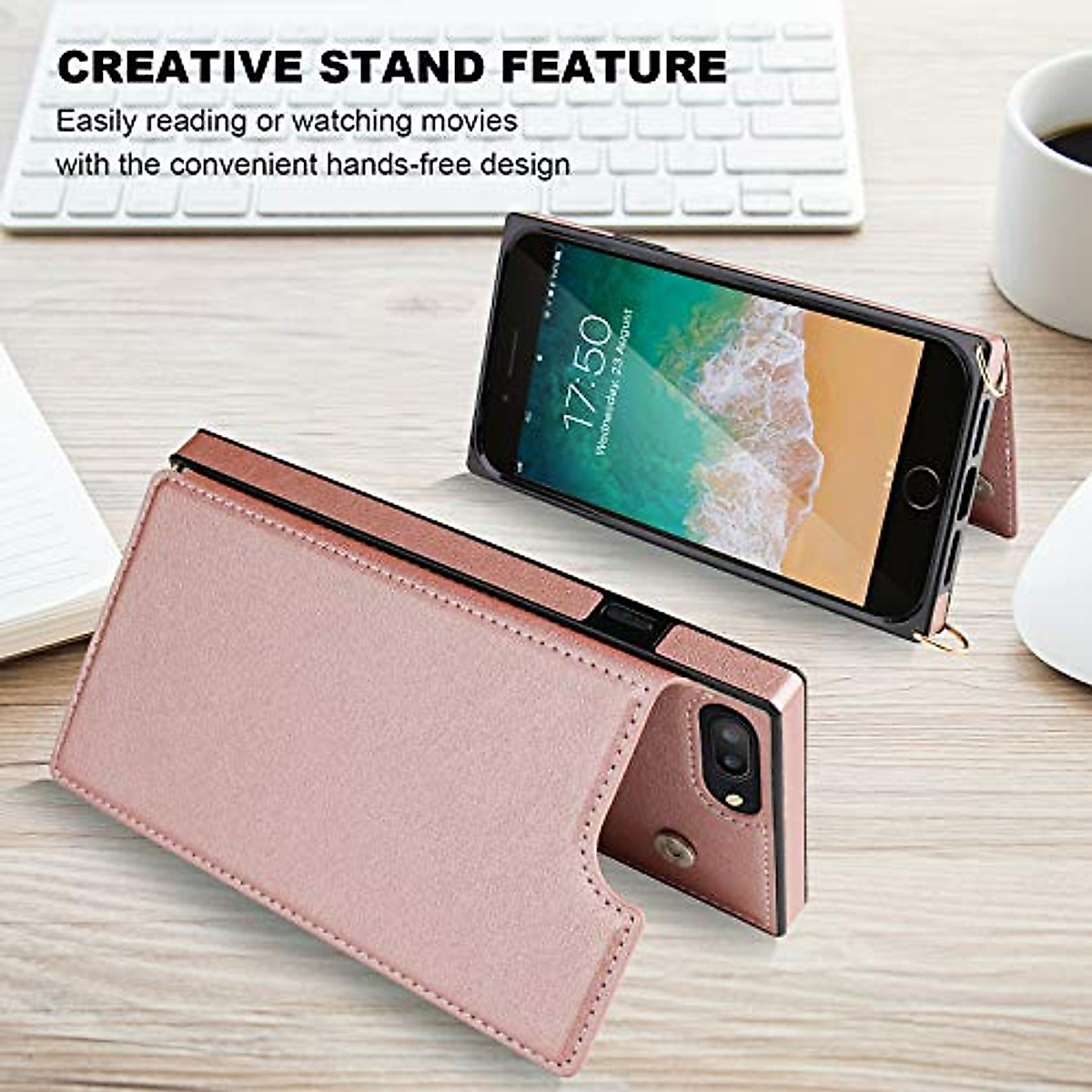 Bocasal Crossbody Wallet Case for iPhone 7 Plus/8 Plus Credit Card Holder PU Leather Kickstand Shockproof Detachable Cross Body Strap Lanyard Magnetic Closure 5.5 inch(Rose Gold)