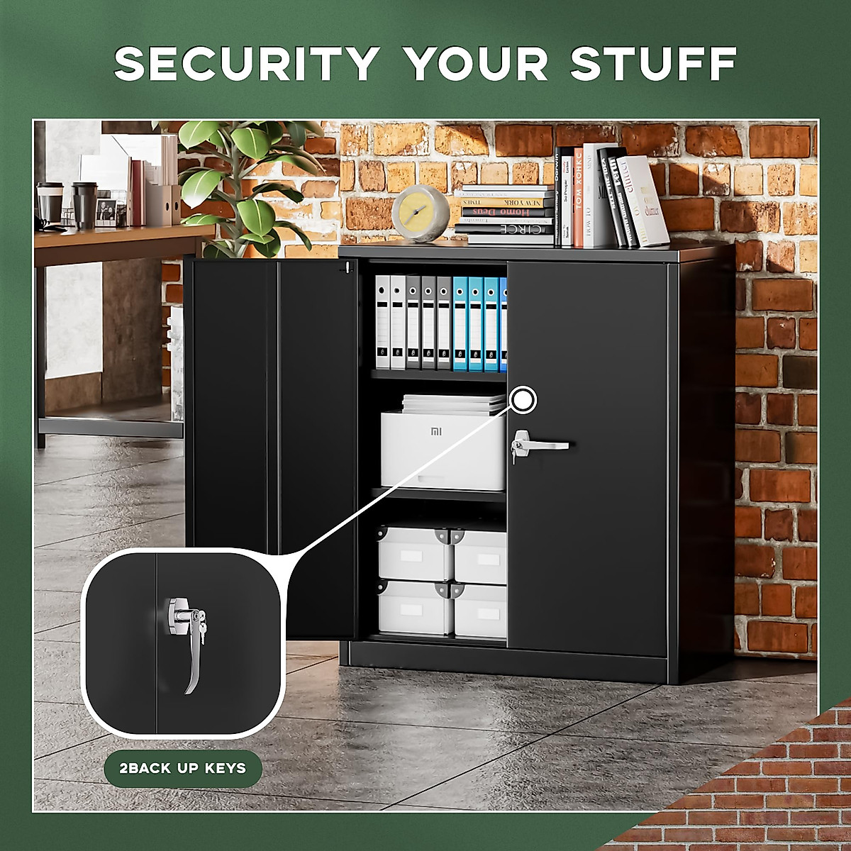 Greenvelly Metal Storage Cabinet with Lock,36" Metal Lockable Storage Cabinet with Doors and 2 Adjustable Shelves, Black Steel Locking Counter Cabinet for Office,Garage, Home, School