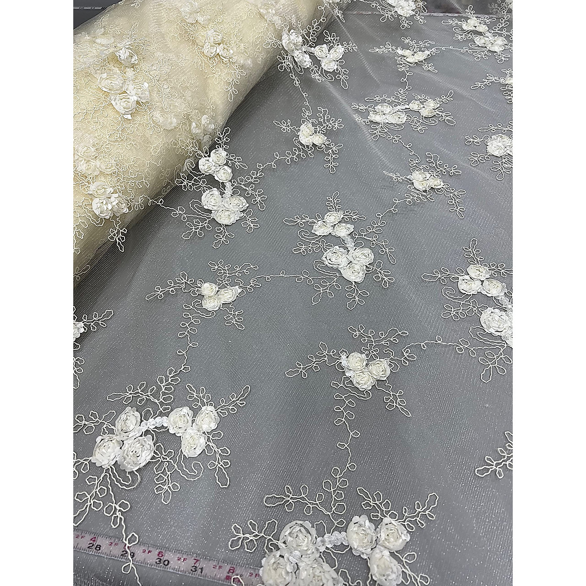 Andrea Ivory 3D Floral Matte Corded Embroidery on Mesh Lace Fabric by The Yard - 10016