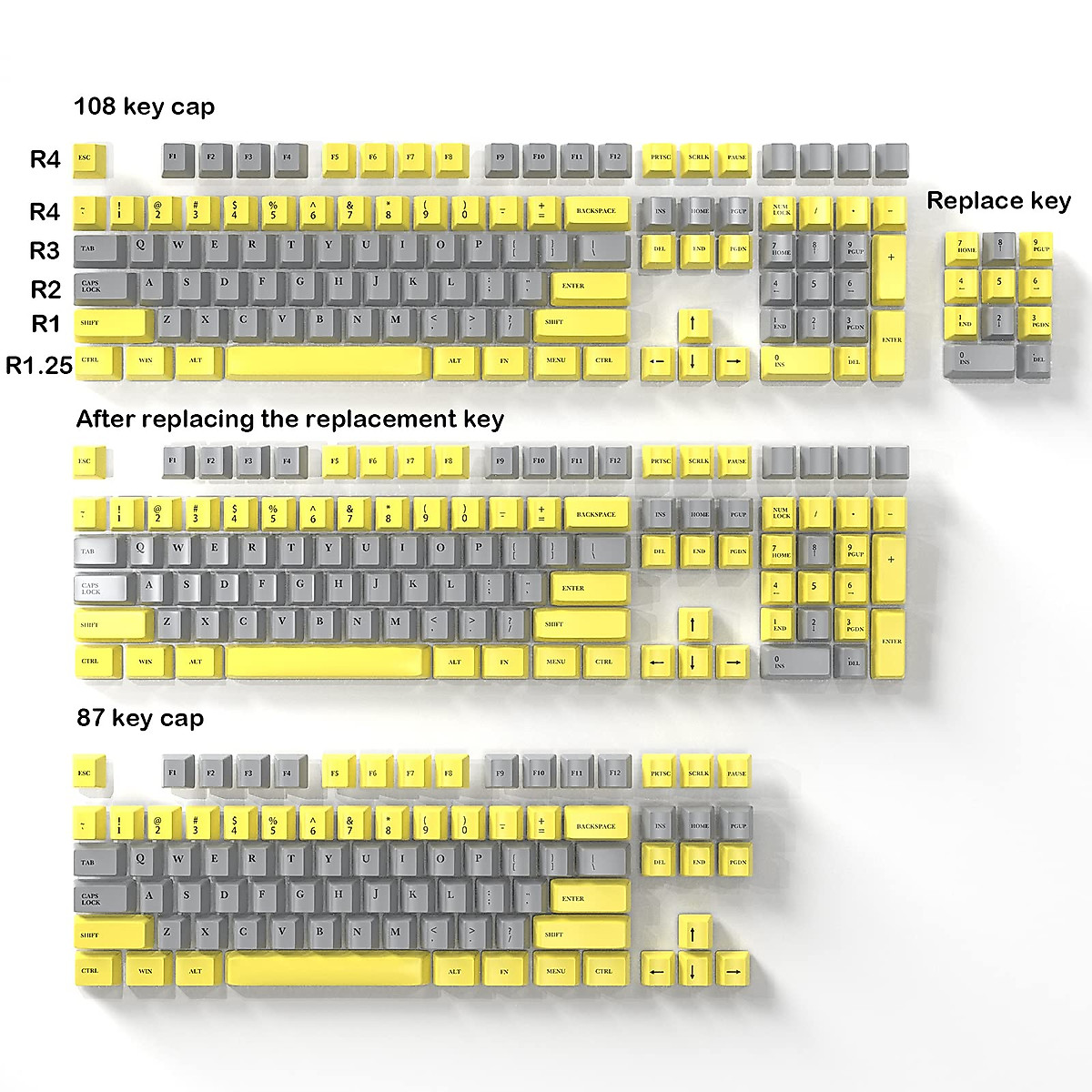 WEGASTU KEYCAPS Design Style Typewriter only Keycaps Square Keycap Mechanical Keyboard for Gaming&Typing Keyboard 104-Keys Yellow and Gray