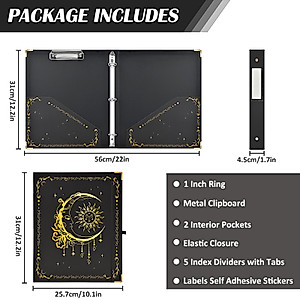 3 Ring Binder 1 Inch Three Ring Binder Cute Binder Fits A4 Paper Decorative Clipboard Binder with 5 Tab Dividers for School Office Supplies(Black Gold Sun Moon)