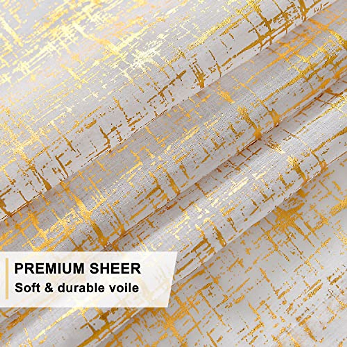 TERLYTEX Gold White Sheer Curtains 63 Inch Length, Metallic Gold Foil Cross Hatch Design Sparkle Sheer Curtains for Bedroom, Rod Pocket Privacy Glitter Sheer Curtains 2 Panels, 52 x 63 Inch, Gold