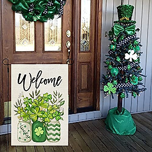 CROWNED BEAUTY St Patricks Day Garden Flag 12x18 Inch Double Sided for Outside Small Burlap Green Shamrocks Clovers Lucky Welcome Yard Holiday Flag CF725-12