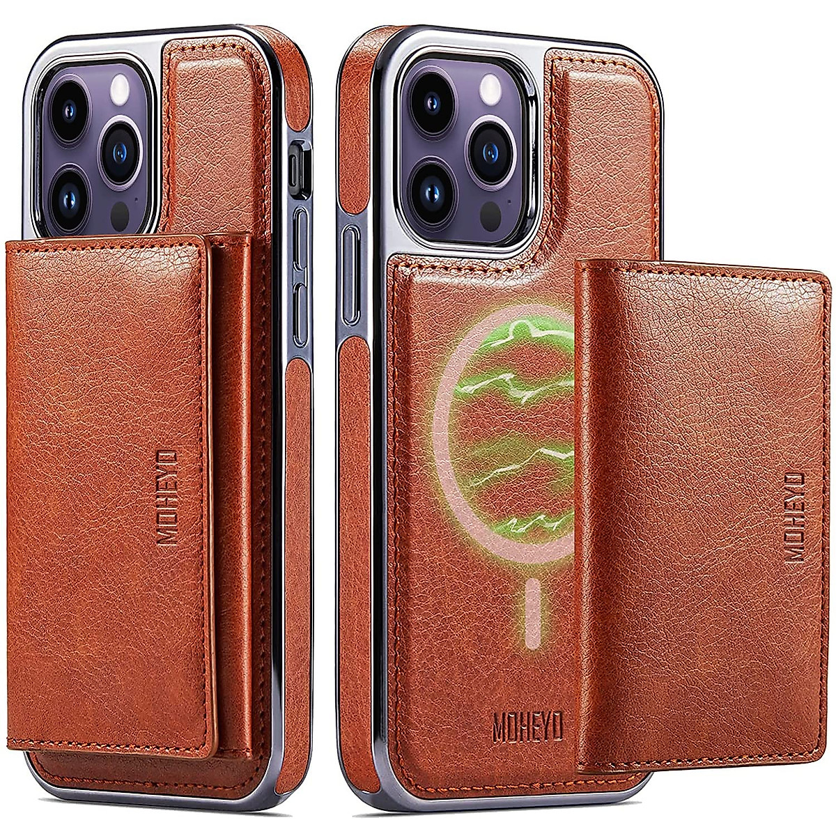 MOHEYO Designed for iPhone 14 Pro Max Case Compatible with MagSafe Removable Wallet Card Holder Magnetic Slim Thin Vegan Leather Cover (Brown)