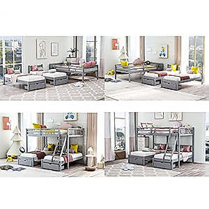 MOOLO 3-1 Full Over Twin, Twin Bunk Bed, Wood Triple Bunk Bed with Drawers and Guardrails for Kids Teens Adults(Color:Gray)