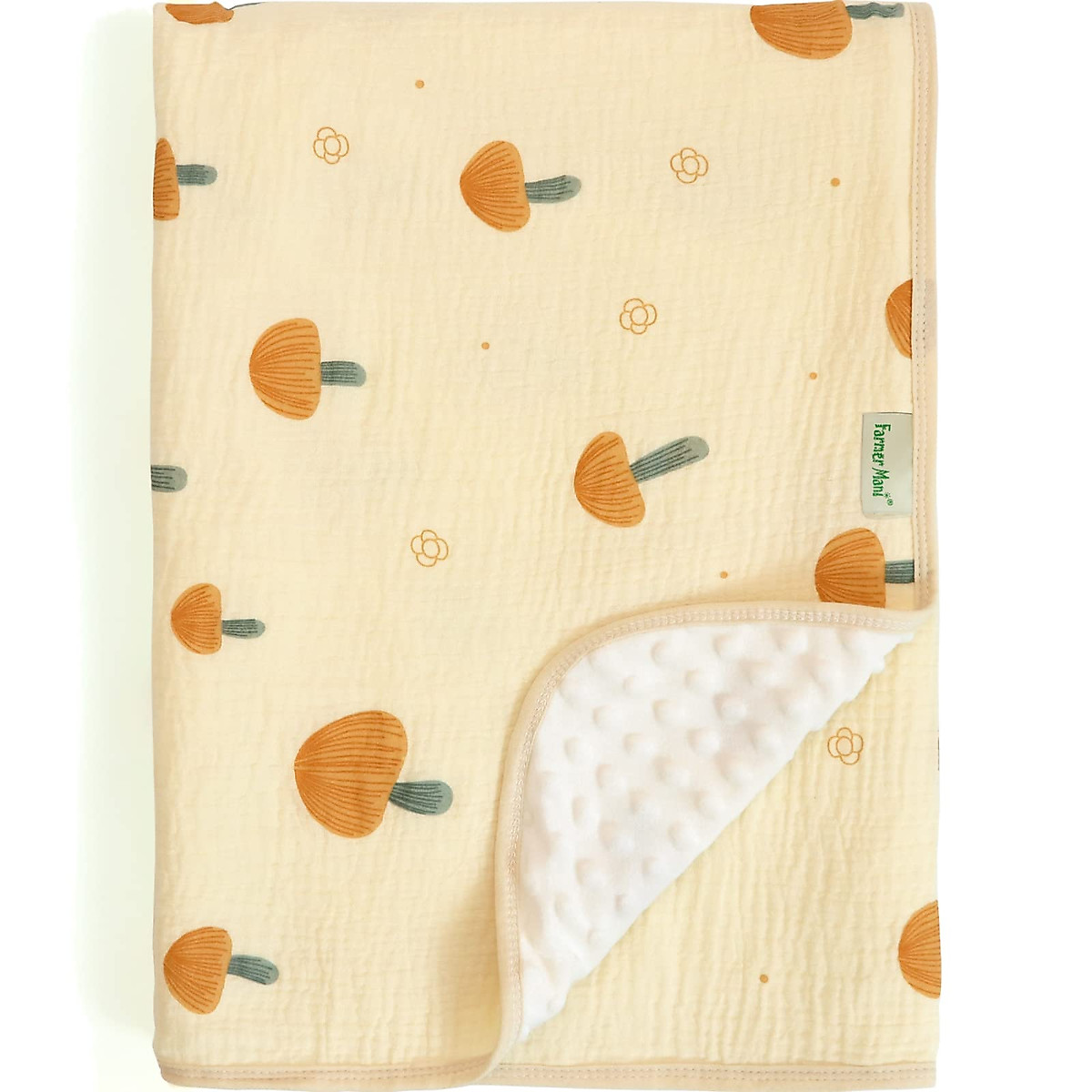 Baby Blanket for Unisex Boys Girls Toddler, Soft Minky with Double Layer Dotted Backing and Muslin Cotton Front, 39X43 in (Mushroom) Nursery Bed Throw Quilt