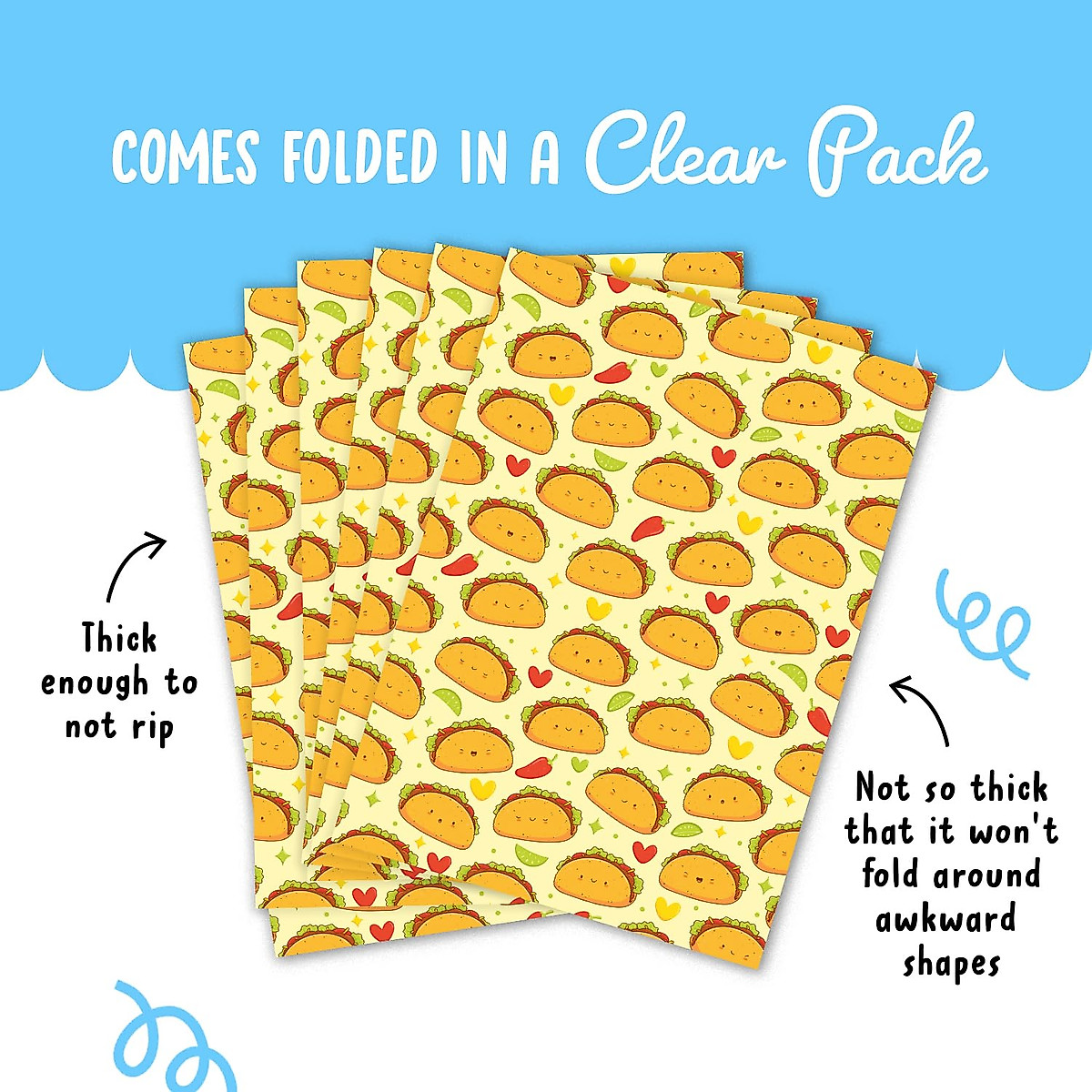 CENTRAL 23 Yellow Wrapping Paper - 6 Sheets of Birthday Gift Wrap - Cute Taco - Mexican Food Themed - For Women Girls Teenagers - Recyclable