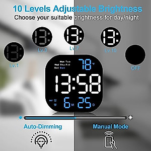Large Digital Wall Clock, 10.55" Led Display, Automatic Brightness Dimmer Big Clock with Remote, Square Alarm Clock for Living Room Decor