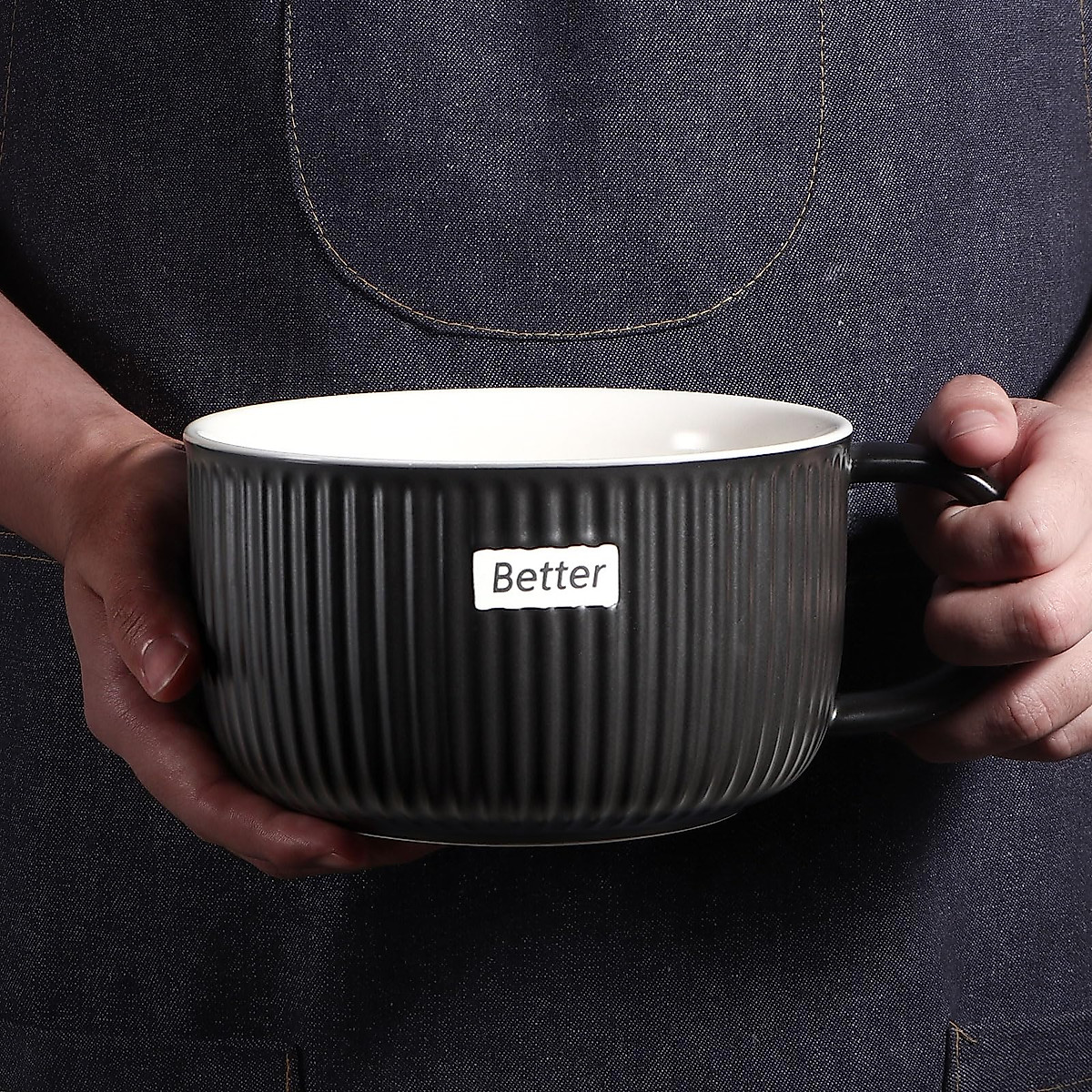 Artena 38 Ounce Soup Bowl with Handles, 6 inch Jumbo Soup Mug with Handles, Wide Large Cereal Bowl for Oatmeal, Gumbo, Salad, Oversized Black Glazed Ceramic Soup Cup, Microwave & Oven Safe
