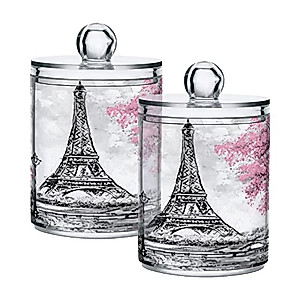 xigua 2 Pack Qtip Holder Dispenser Eiffel Tower Pink Tree 10 Oz Bathroom Organizer with Lids Storage Canister for Cotton Ball,Cotton Swab,Cotton Round Pads,Floss
