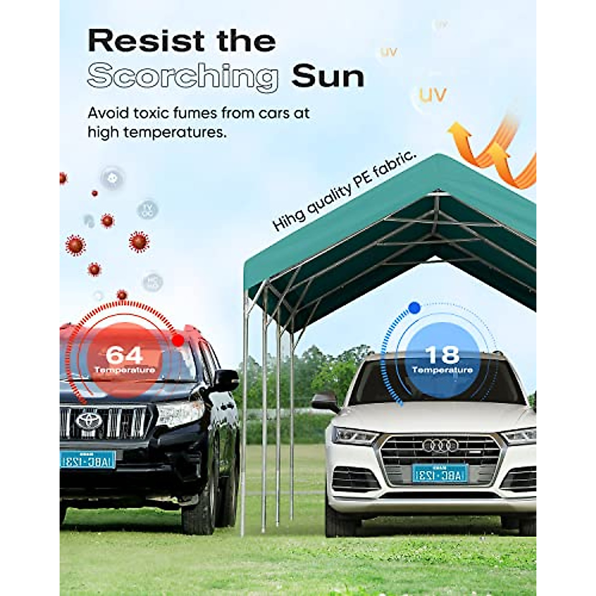 FINFREE 10 x 20 ft Heavy Duty Carport Car Canopy, Garage Shelter for Outdoor Party, Birthday, Garden, Boat, Adjustable Height from 9.5 ft to 11 ft,Green