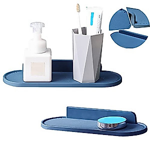 Fineget Floating Shelves Wall Mount Shelf Adhesive Soap Shower Shelves Plastic Shower Caddy for Bathroom Kitchen Bedroom Living Room Rustproof No Drilling Storage Organizer Sea-Blue 2 Pack