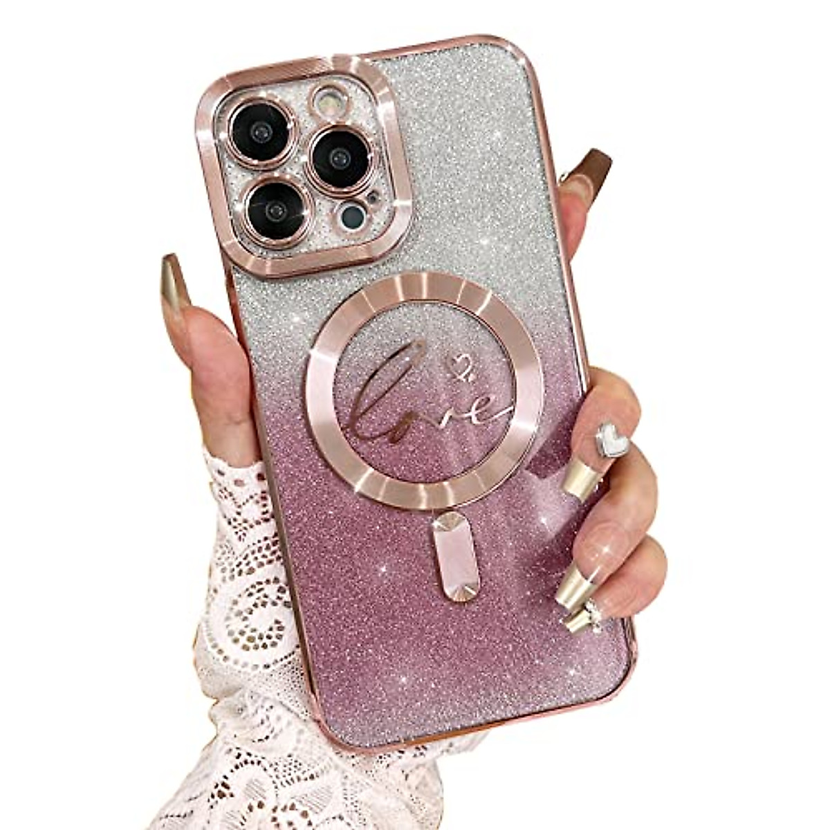 Fiyart Compatible with iPhone 14 Pro Max Case,Compatible with MagSafe Love Heart Plating Camera Protection Clear Phone Case, Magnetic Glitter for Women Girls Shockproof Back Bumper 6.7"-Pink