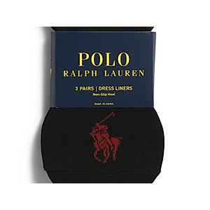 Polo Ralph Lauren Men's Socks Polyester/Spandex Blend 3 Pairs Dress Liners, Non-Slip Heel Black (6-12.5 M US)
