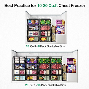iSPECLE Freezer Organizer Bins - Fit 10 to 20 Cu.FT Chest Freezer, 2 Pack Large Expandable Stackable Deep Freezer Organizer Bins Sort and Easily Get Food with Handle, Improve Air Circulation, Black