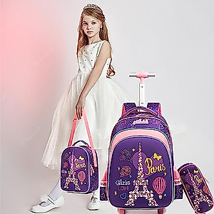 Egchescebo Kids Pylons Rolling Backpack for Girls 17" Suitcases Trolley Backpacks with Wheels 3PCS Luggage Backpacks Wheels with Lunch Box Pencil Case for Elementary Girl Travel School Bag Purple