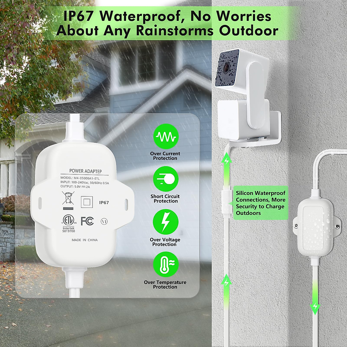 16.4FT Power Cable with Adapter Compatible with WYZE Cam Pan v3, Wyze Cam V4, Wyze Cam OG/V3/ V3 Pro, One-piece Molding with More Waterproof and Rust-proof to Keep 24-hour Power Supply for Outdoor Use