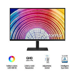 SAMSUNG 32 Inches S60A Series QHD (2560x1440) Computer Monitor, 75Hz, HDMI, Display Port, HDR10 (1 Billion Colors), Height Adjustable Stand, TUV-Certified Intelligent Eye Care (LS32A600NWNXGO)