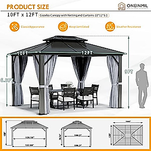 oneinmil 10x12FT Outdoor Hardtop Gazebo Galvanized Steel Pergolas Double Roof Canopy, Aluminum Frame Grill Pergola for Patios with Netting and Curtains,Grey