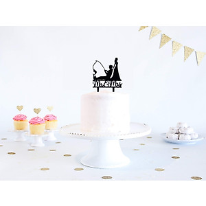 YzYbuaego Black Fishing Wedding Cake Topper, Mr & Mrs Wedding Cake Topper, Fishing Theme Wedding/Engagement/Bridal Shower/Anniversary Cake Decoration