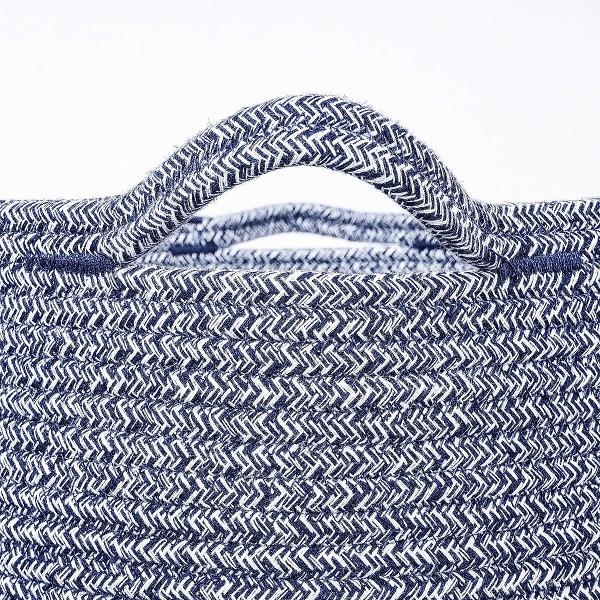 INDRESSME Large Cotton Rope Storage Basket Baby Laundry Basket Woven Baskets Blanket Basket with Handle for Diaper Toy Off White Home Decor 14.2'' x 13.4'' x 16.2'', Navy