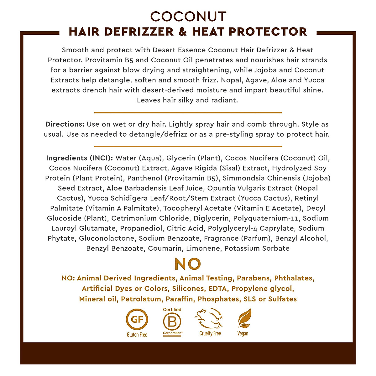Desert Essence Coconut Hair Defrizzer & Heat Protector 8 fl oz - Gluten Free, Vegan, Cruelty Free - Coconut Oil & Jojoba Seed Extract - Protects Hair from Heat & Styling Damage