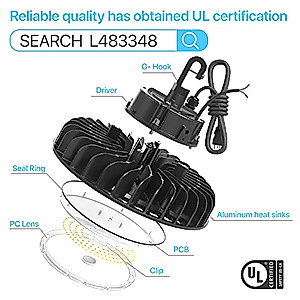 HYPERLITE High Bay LED Lights 150W 21,000LM (140LM/W) 1-10V Dimmable, UL Listed 4000K UFO Led High Bay Light for Shop Barn Garage, Alternative to 600W MH/HPS, 5-Year Warranty