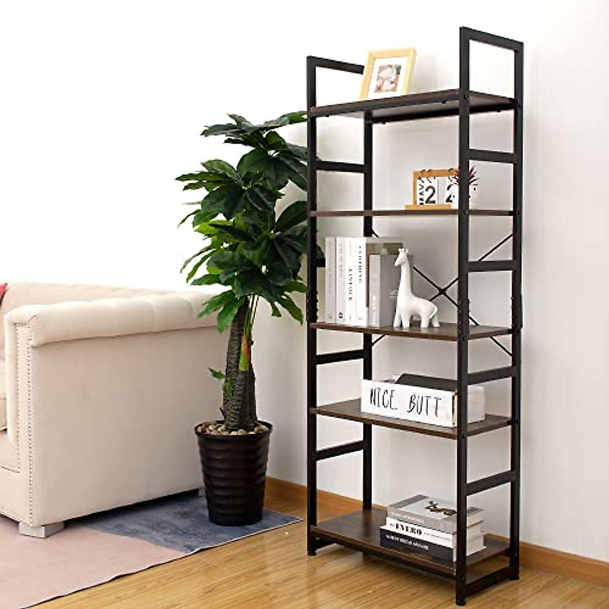 AZL1 Life Concept Bookshelf Rack 5 Tier Vintage Bookcase Shelf Organizer Modern Wood Look Accent Metal Frame Furniture Home Office,Rustic Brown