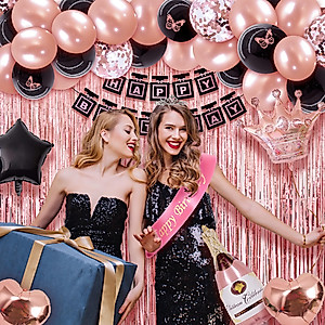 210PCS Birthday Decorations For Women ,Rose Gold and Black Party Decorations Kit,Happy Birthday Supplies Set - Tableware Pack, Balloon Pump, Banner, Fringe Curtain, Latex Balloons For 12 Guest