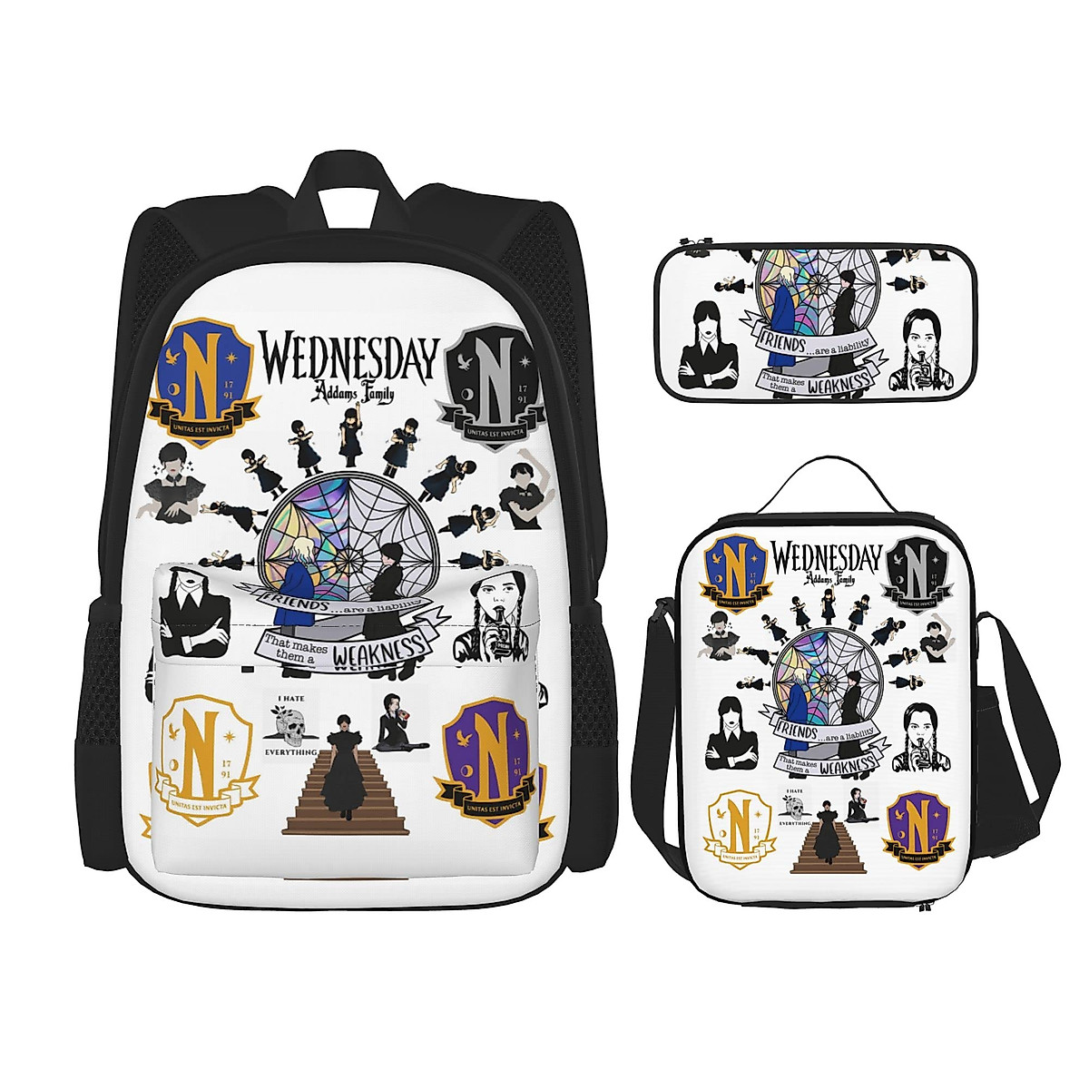Wednesday Backpacks set 3d Casual Light Weight Backpack Bookbag 3 pice with lunch box lunch bag And pencil case pencil bag For Girls Boys Teens
