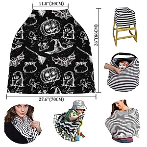 Nursing Cover for Breastfeeding Scarf Super Soft Cotton Multi Use for Baby Car Covers Canopy Shopping Cart Cover Blanket Stroller Cover-Halloween Themed Pumpkin Witch Bat Spider Black