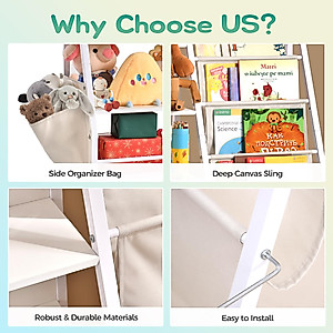 infurnic Kids Bookshelf and Toy Organizer with Extra Pocket, Book Shelf for Kids Rooms,2 in 1 Nursery Book Shelves, Toddler Bookshelf Montessori Bookshelf and Kids Book Shelf (White)