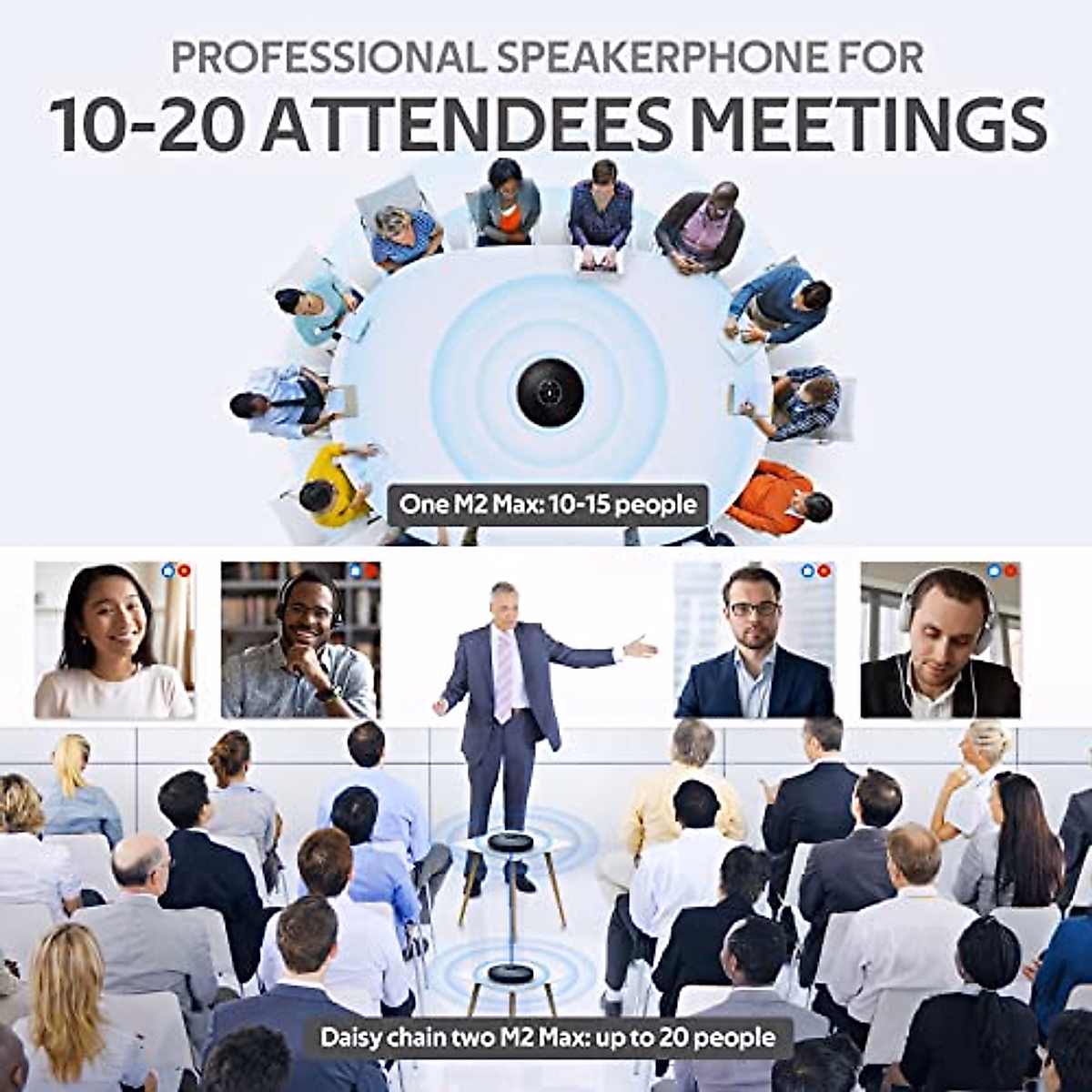 EMEET Bluetooth Speakerphone M2 Max Professional Conference Speaker and 4 Directional Mics for up to 15 People Business Conference Calls High Volume Noise Reduction Daisy Chain Dongle Home Office