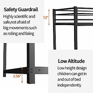 QSOSTNS Twin Over Twin Bunk Bed, Metal Low Profile Bunkbed with Side Ladder, Heavy-Duty Sturdy Metal, Noise Reduced, Safety Guardrail, No Box Spring Needed (Black)
