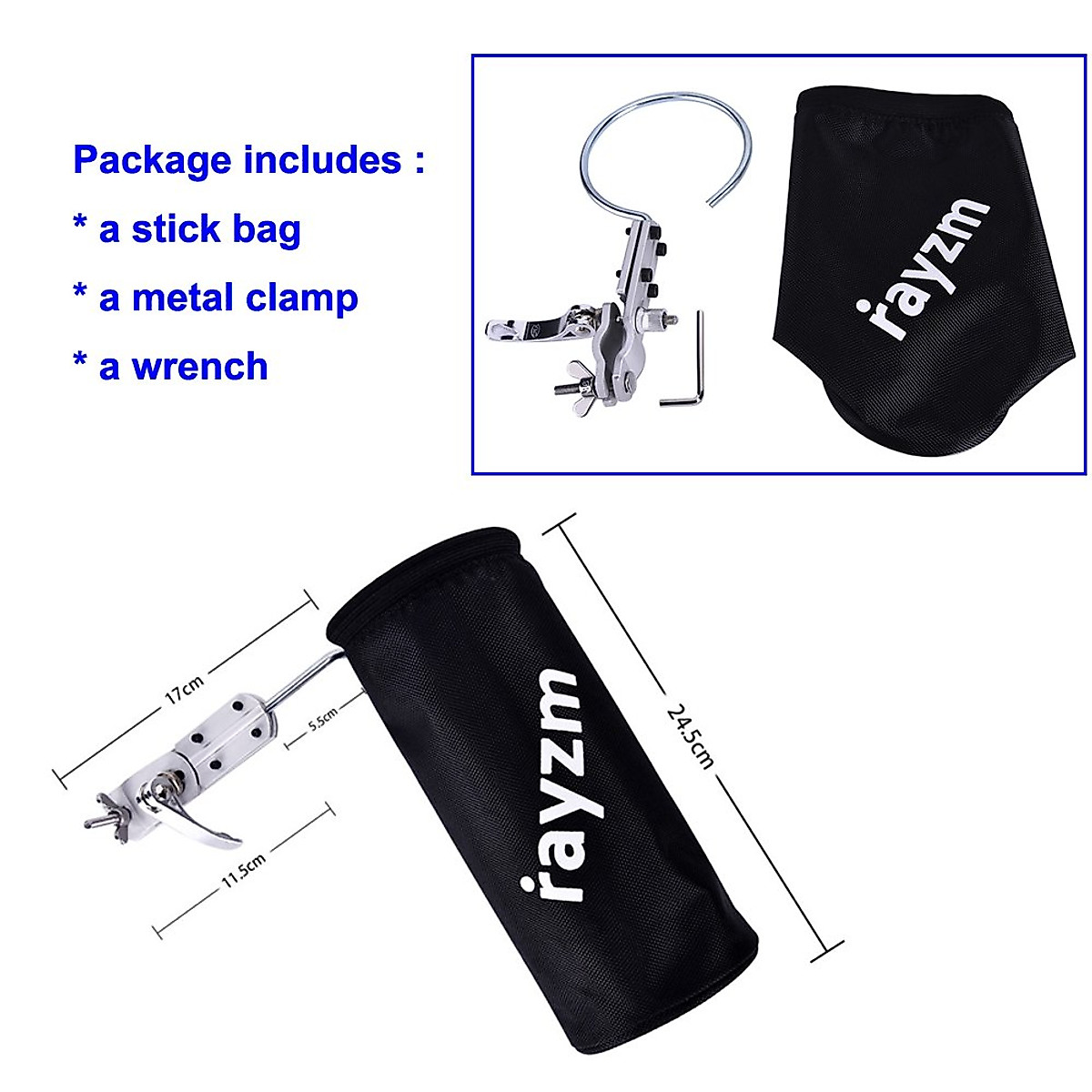 Rayzm Drum Stick Bag Holder, Nylon Mallet/Brush/Beater Stick Holder with Aluminum Clamp for Drum Kit & Music Stand (1.5-3cm Diameter Pole), UP to 12 Pairs of Sticks