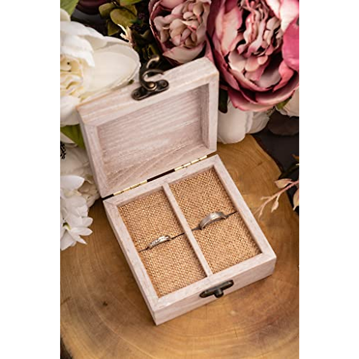 Strova Wooden Ring Box for Wedding Rings and Couple Jewelry - Engraved Mr. & Mrs. Lettering - Ring Bearer Box for Display or Personal Organizer - Brass Latch and Soft, Protective Ring Cushions