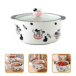 BESTonZON Ceramic Soup Bowl Soup Crock with Handles and Lid Cute Cow Design Casseroles Dishes Serving Bowls for Cereal Stew Chill Beef Stew Pot Pies Instant Noodle Oven Dishwasher Safe