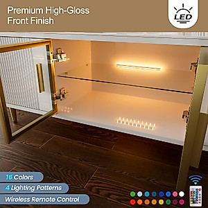 IKIFLY Modern Slate Coffee Table with 16 Colors LED Lights and Glass Doors, Durable Rectangle Design End Table for Living Room Bedroom